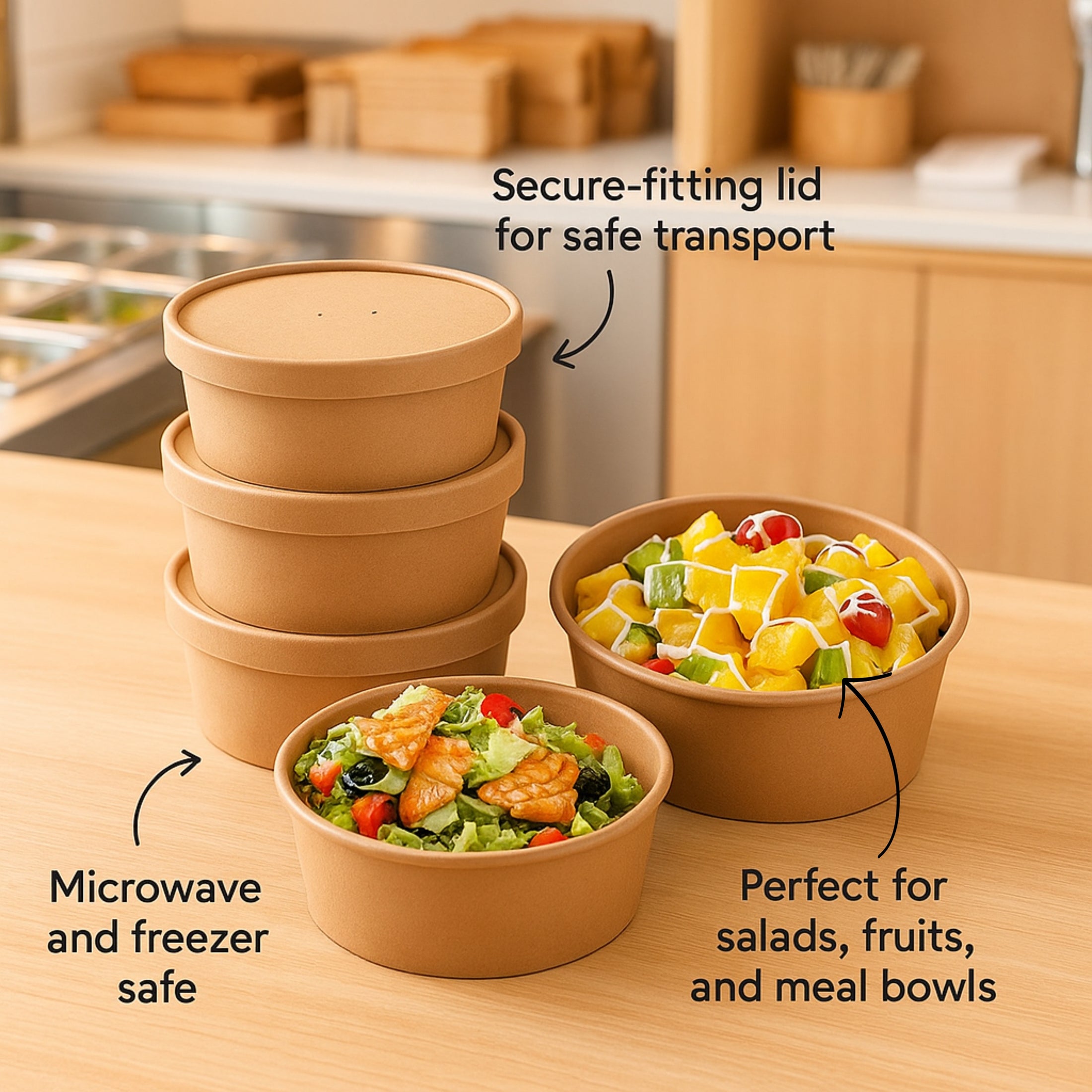 Biodegradable Kraft Salad Bowl Round With Lid-1000ml - 300Pcs/CTN ...